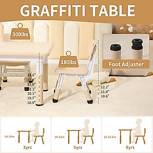 Hulaibit Kids Table and 4 Chairs Set, Height Adjustable Toddler Table and Chairs Set, Graffiti Desktop Children Activity Table for Ages 2-10, Daycare, Classroom, HOM