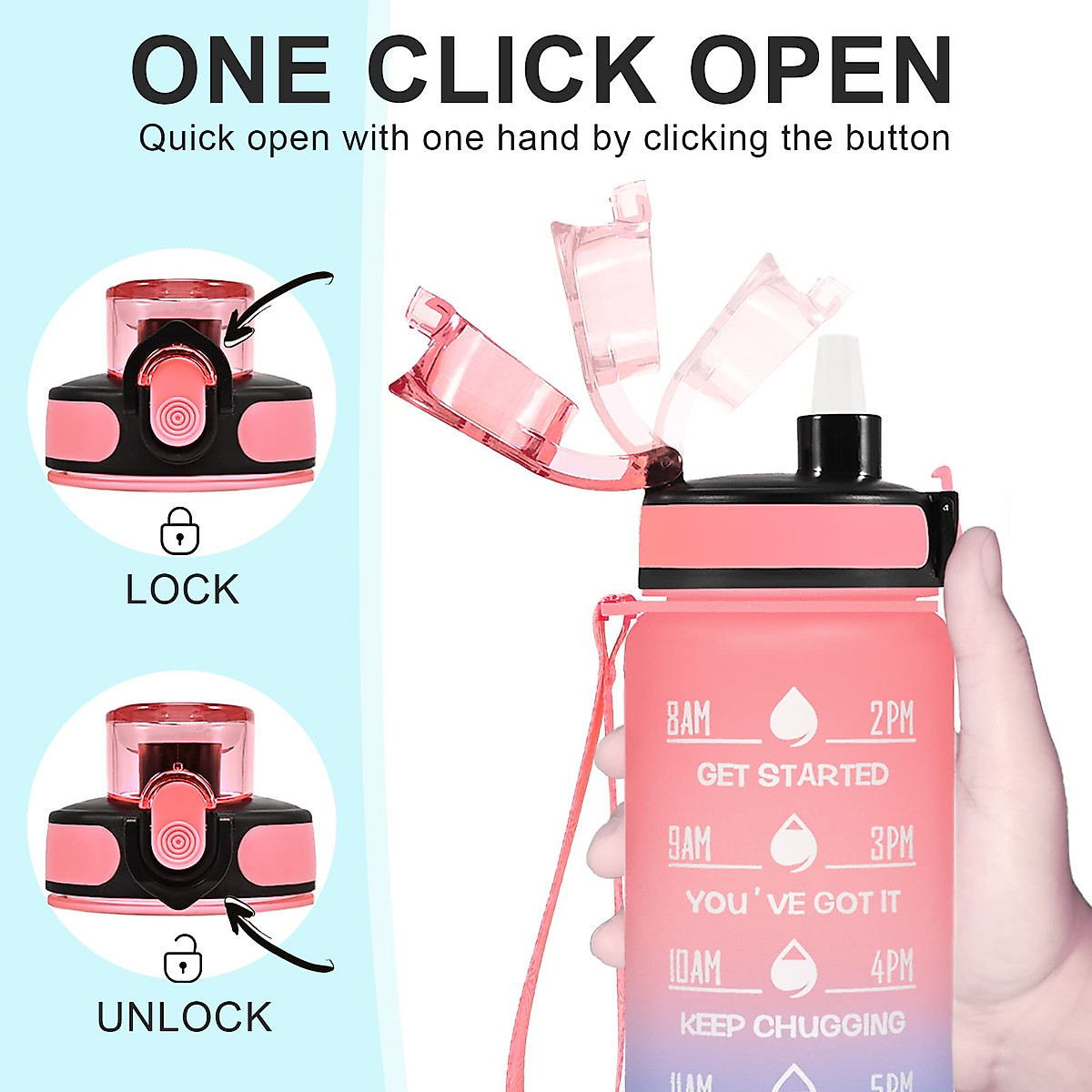 Enerbone 32 oz Water Bottle, Leakproof BPA & Toxic Free, Motivational Water Bottle with Times to Drink and Straw, Fitness Sports Water Bottle with Strap for Office, Gym, Outdoor Sports, Pink-Blue