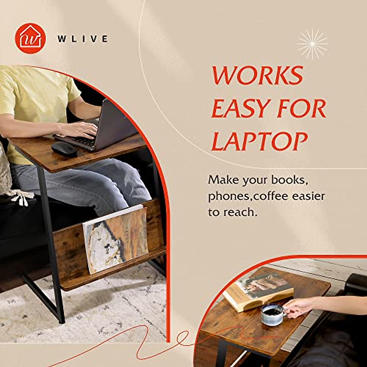 WLIVE Snack Side Table, C Shaped End Table with Magazine Rack for Sofa Couch and Bed, TV Tray Table with Metal Frame, Industrial, for Living Room, Bedroom, Easy Assembly,Rustic Brown and Black