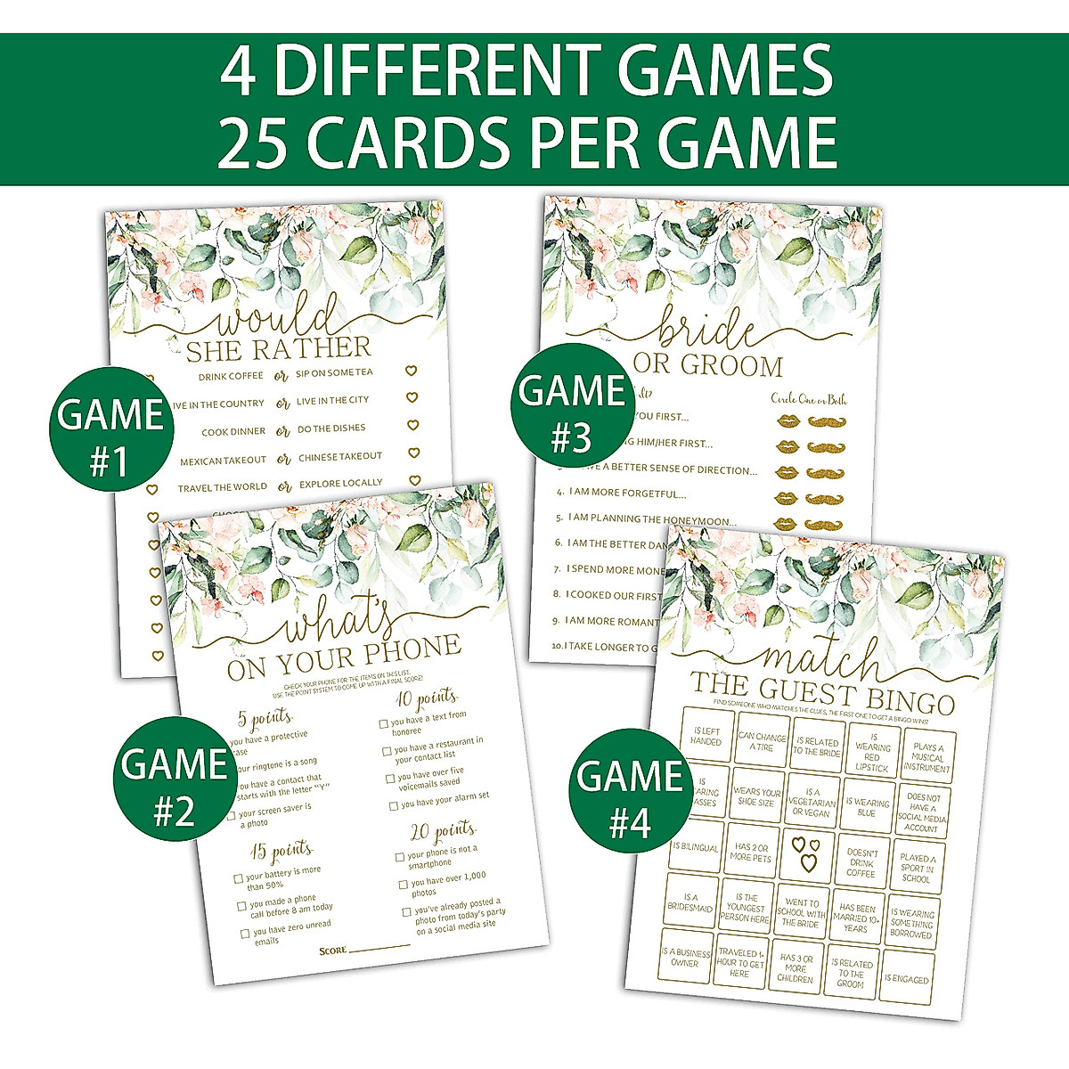 All Ewired Up Bridal Shower Bachelorette Games, Floral Watercolor Greenery Sage Gold Blush, He Said She Said, Find The Guest Quest, Would She Rather, What's in Your Phone Game, 25 Games Each…