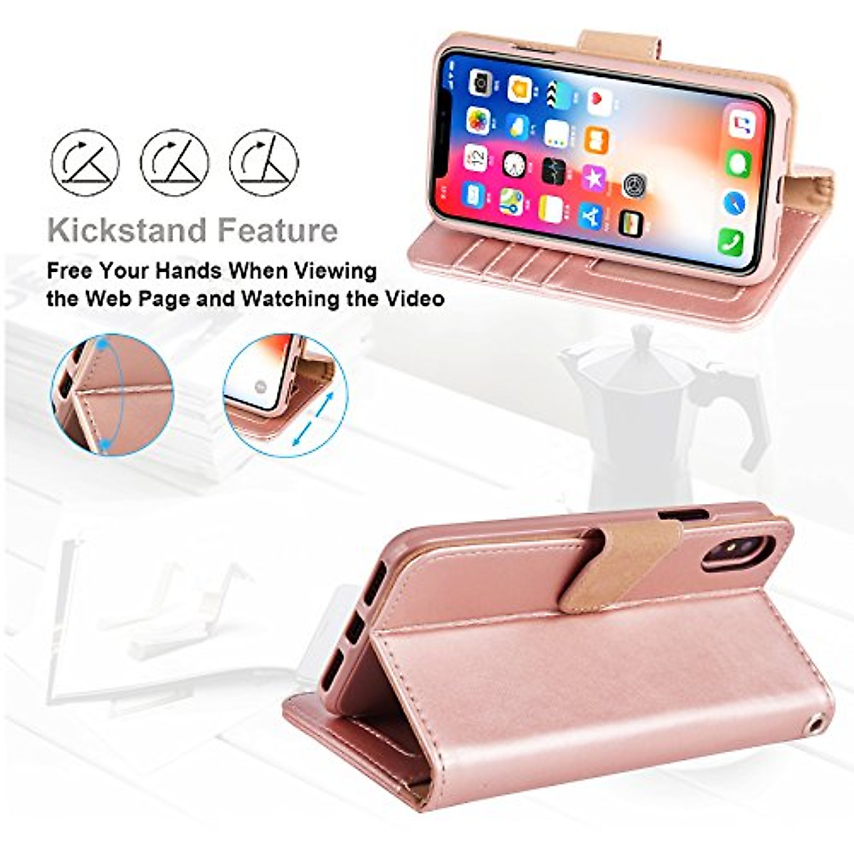 Arae Case for iPhone X/Xs, Premium PU Leather Wallet Case [Wrist Straps] Flip Folio [Kickstand Feature] with ID&Credit Card Pockets for iPhone X (2017) / Xs (2018) 5.8 inch Rose Gold