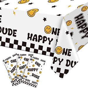 Newwiee 3 Pcs One Happy Dude Birthday Party Tablecloths 51 x 108 Inch One Happy Dude Table Cover Smile Face Plastic Table Cloths One Happy Dude Party Decor 1st Birthday Baby Shower Supplies