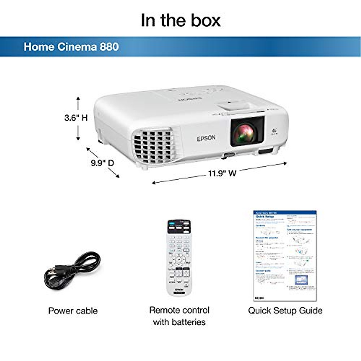 Epson Home Cinema 880 3-chip 3LCD 1080p Projector, 3300 lumens Color and White Brightness, Streaming and Home Theater, Built-in Speaker, Auto Picture Skew, 16,000:1 Contrast, HDMI 2.0, White (Renewed)