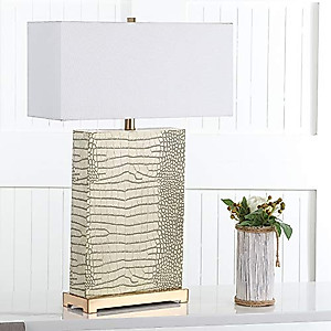 SAFAVIEH Lighting Collection Joyce Modern Art Deco Cream Faux Snakeskin Rectangle Shade 28-inch Bedroom Living Room Home Office Desk Nightstand Table Lamp Set of 2 (LED Bulbs Included)