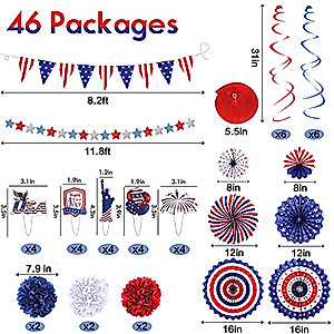 46pcs 4th of July Patriotic Decorations - Fourth of July Decor American Flag Party Supplies - USA Flag Pennant, Red White Blue Paper Fans, Cupcake Toppers, Star Streamer, Hanging Swirls Party Decor