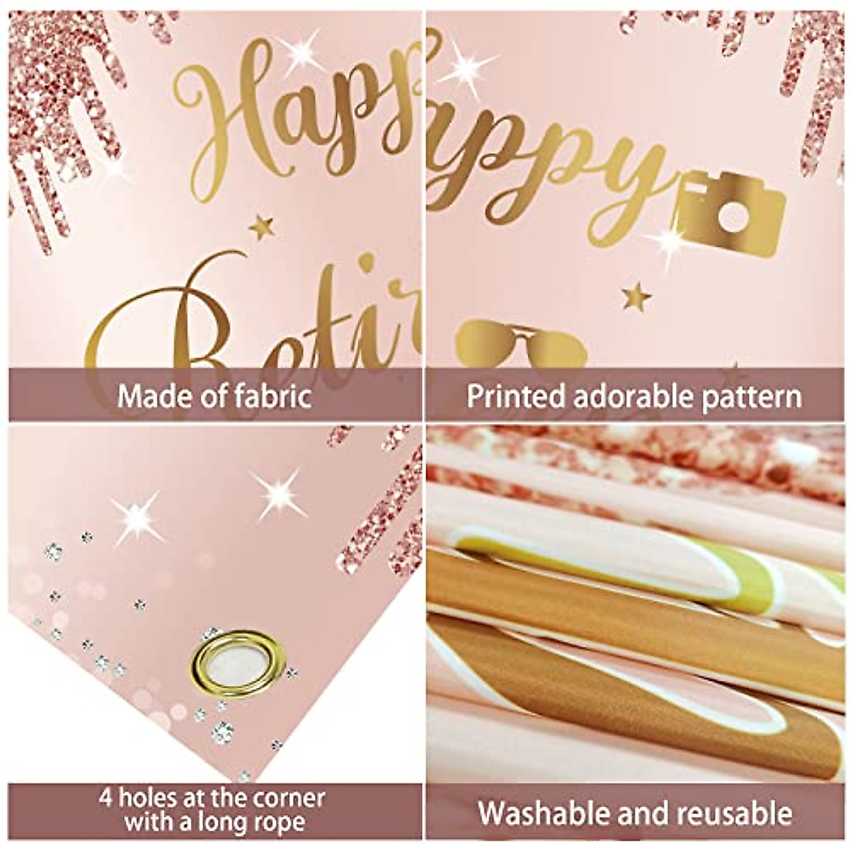 Happy Retirement Party Banner Backdrop Decorations for Women, Pink Rose Gold Retirement Theme Party Supplies, Extra Large Retired Party Photo Booth Poster Background Sign Decor