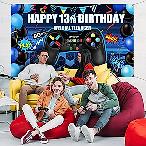 Happy 13th Birthday Video Game Backdrop Banner, Level 13 Up Birthday Background with Game Controller Print Gaming Theme for Photography, Photo Props, Video Game Party Wall Decoration (Blue)