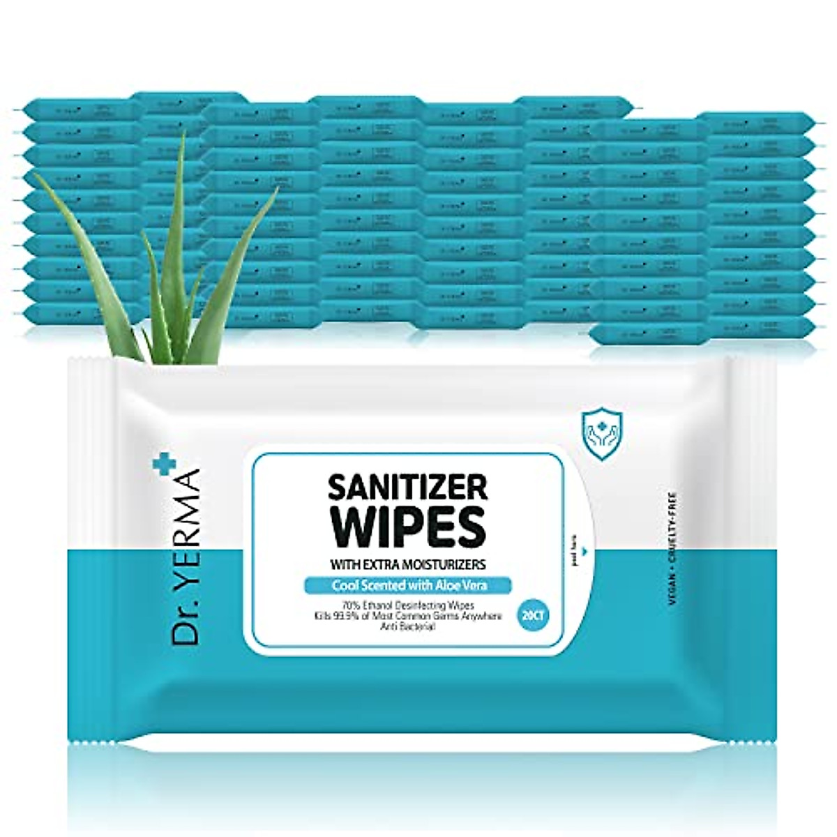 Dr. YERMA Hand Wipes with Aloe Vera & Extra Moisturizers, 80 Packs of 20 (1600 wipes), Travel Size, Vegan Cool Scented, 80 Packs