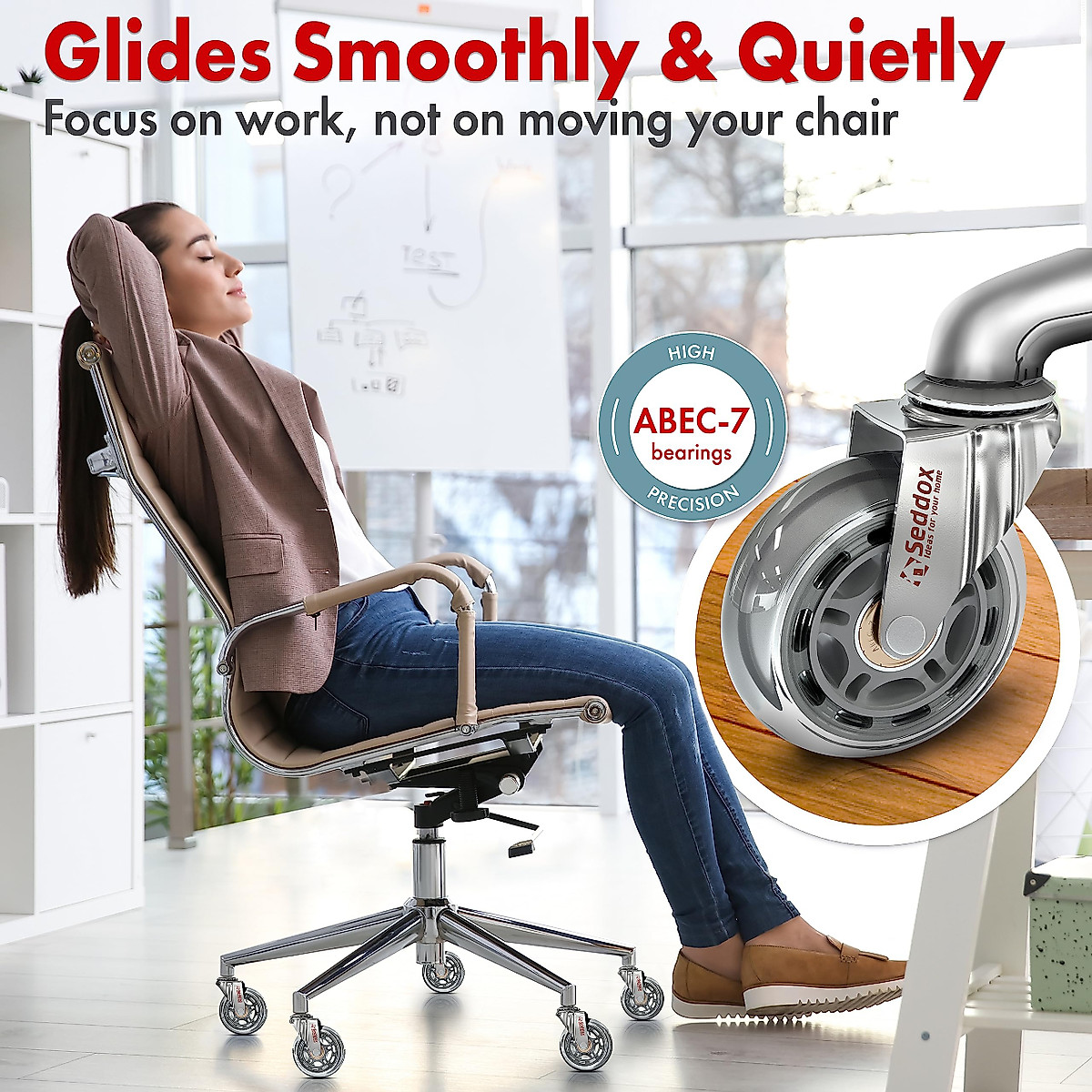 Professional Office Chair Wheels 10mm Stem - FIT IKEA Chairs ONLY - 3'' Replacement Rollerblade Rubber Chair Casters - Best Protection for Your Hardwood Floors Without Any Chair MATS - Silver