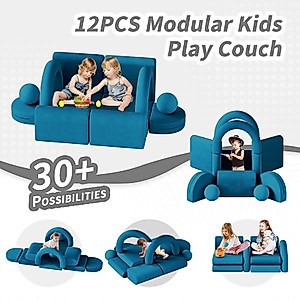 wanan Modular Kids Play Couch, 12PCS Kids Couch with Balls and Tunnel, Kids Couch for Playroom and Bedroom, Kids Modular Couch for Playing, Creativing, Modular Couch Kids (Blue)