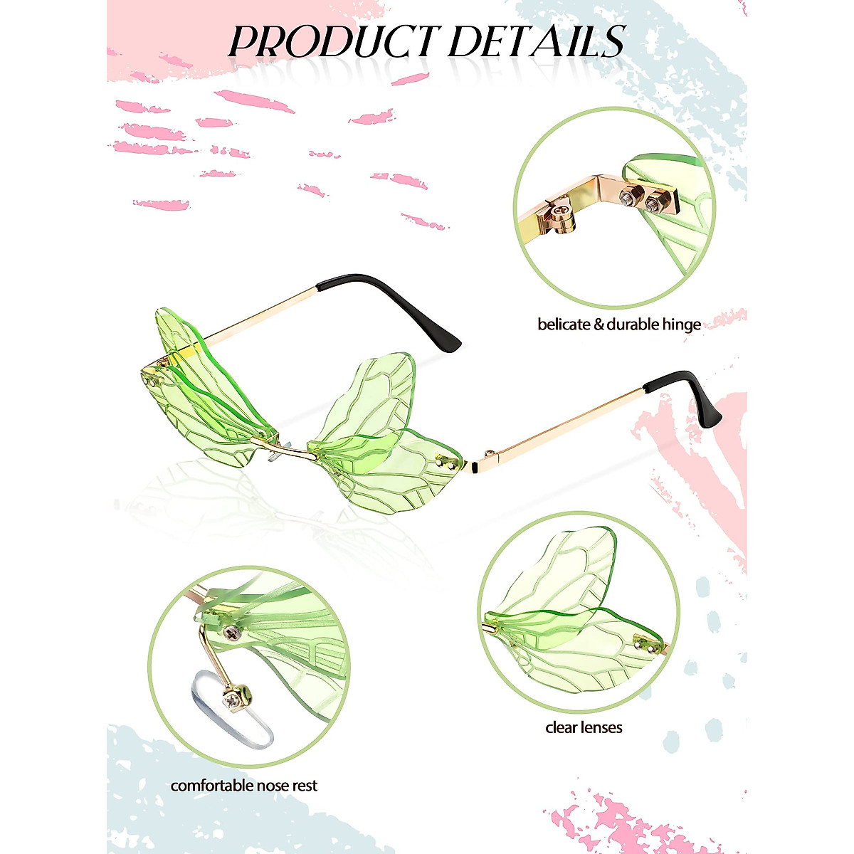 7 Pieces Dragonfly Sunglasses Fairy Glasses Butterfly Glasses Rimless Sunglasses for Women Men