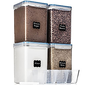 EXTRA LARGE WIDE & DEEP Food Storage Airtight Containers [Set of 4] 5.2L (175.9oz) w/ 4 Measuring Cups + Labels - Ideal for Sugar, Flour, Baking Supplies - Clear Plastic - Leakproof