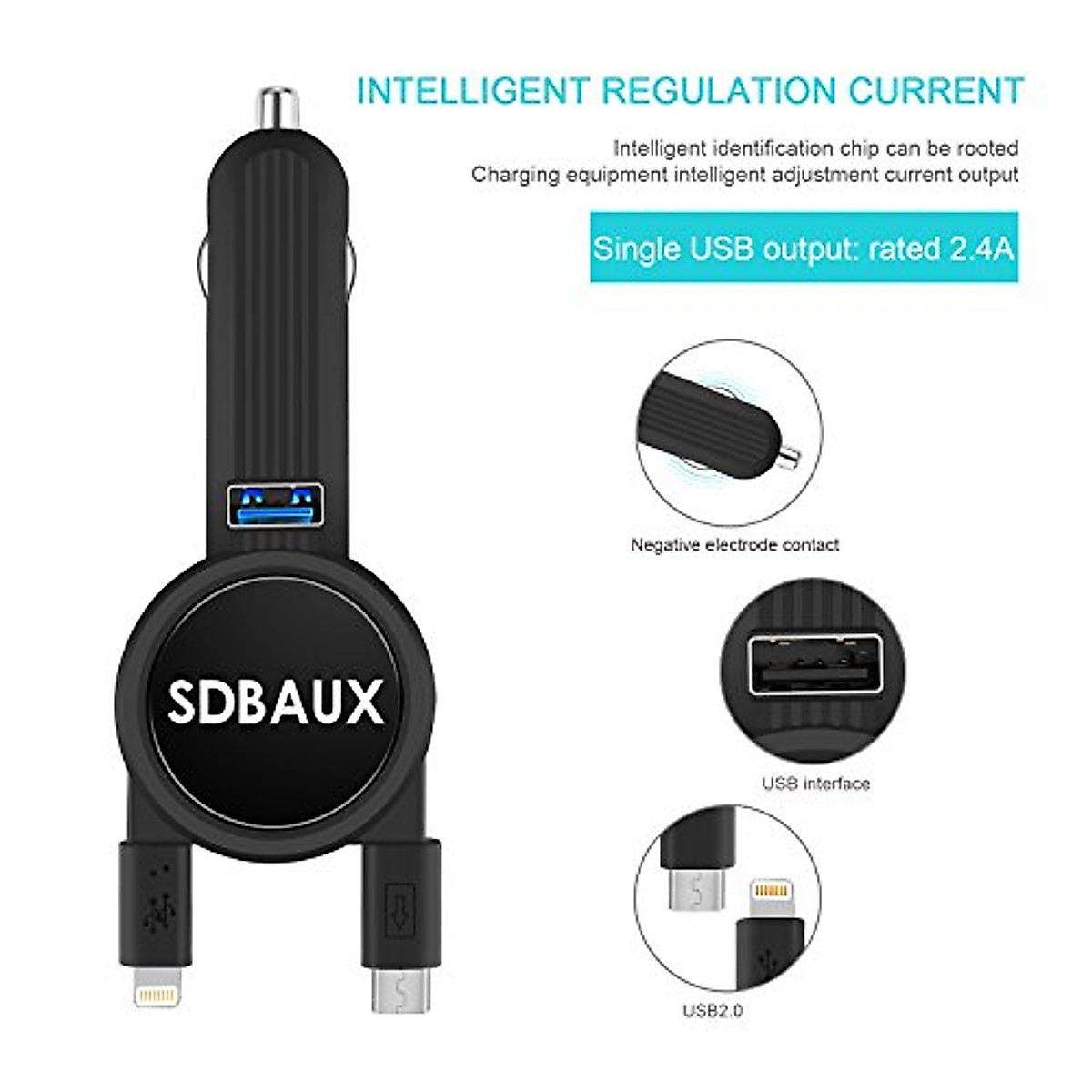 SDBAUX Car Charger, with 2.3 ft Dual Retractable Charging Cable Compatible for Samsung Galaxy S6 S5 Tab 4 Google Nexus10 LG Phone 11 XS Max XR X 8 7 6 5 Plus 5s and 1 USB Port
