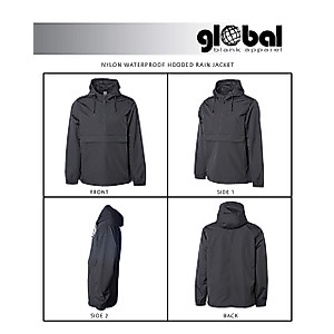 Global Blank Windbreaker Men’s Rain Jacket, Waterproof Hoodie Zip-Up Anorak, Black, Large