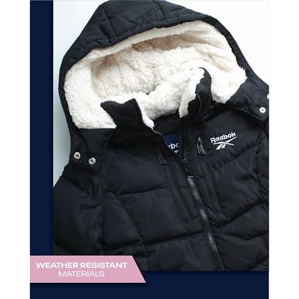 Reebok Girls Winter Jacket - Heavyweight Quilted Puffer Parka Coat - Weather Resistant Ski Jacket for Girls (4-12), Size 14-16, Black