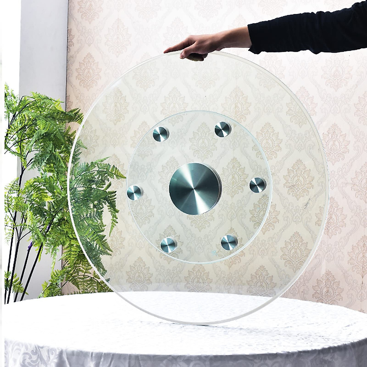 HYSOND Lazy Susan Turntable Large Glass Dining Table with Swivel Assist System Base Giratoria Turntable Organizer Round Tabletop Rotating Serving Tray, for Kitchen Dining/Parties/Wedding Φ120cm/47in