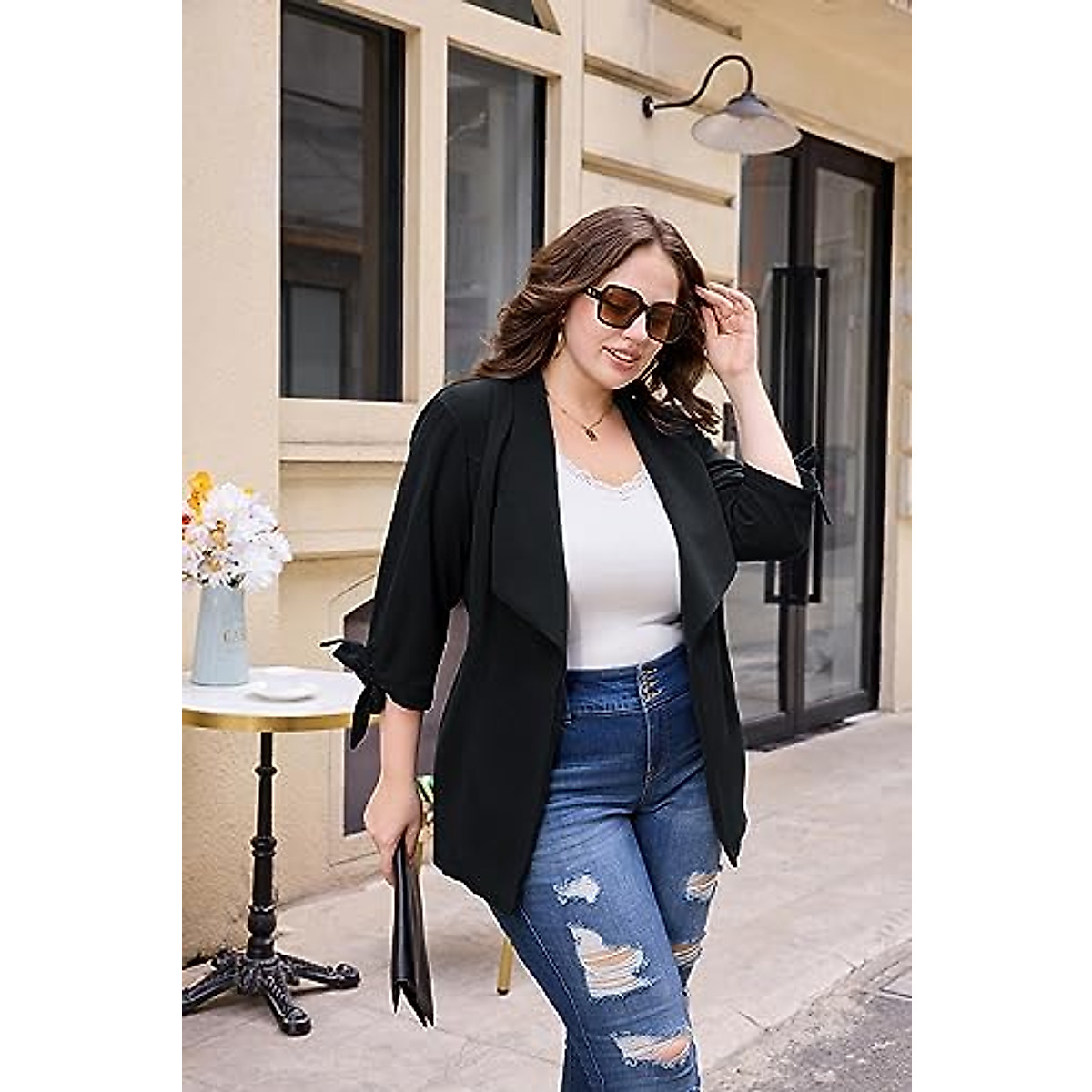Plus Size 3/4 Sleeve Blazers for Women Business Casual Blazers for Work Lightweight Blazers Suit Jackets Black 20W
