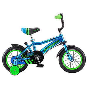 Schwinn Grit Push Steer and Ride Kids Bike, Boys Beginner Bicycle, 12-Inch Wheels, with Training Wheels, Parent Push Handle, Water Bottle and Holder, Blue