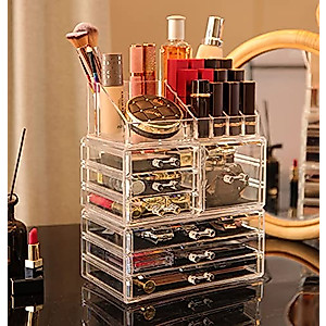 Cq acrylic Clear Makeup Storage Organizer Drawers Skin Care Large Cosmetic Display Cases Stackable Storage Box With 7 Drawers For Dresser,Set of 3