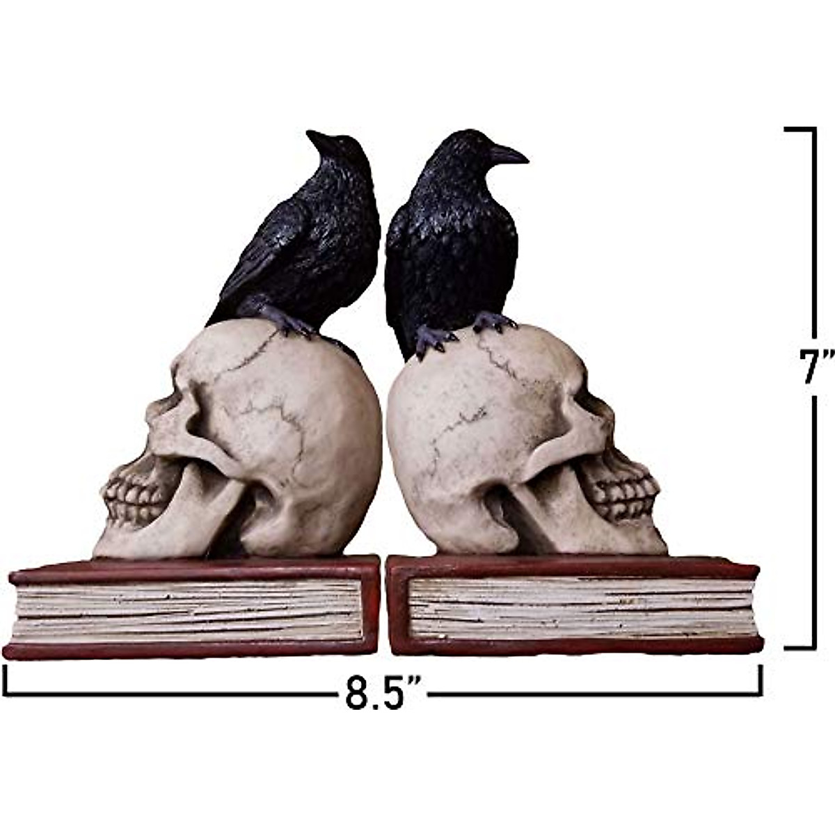 DWK - Murder and Mystery - Ravens on Skulls Bookends Gothic Poe Crow Reading Bookshelf Theme for Your Library Home Décor Book Shelf Accent 8.5 Inches in Length
