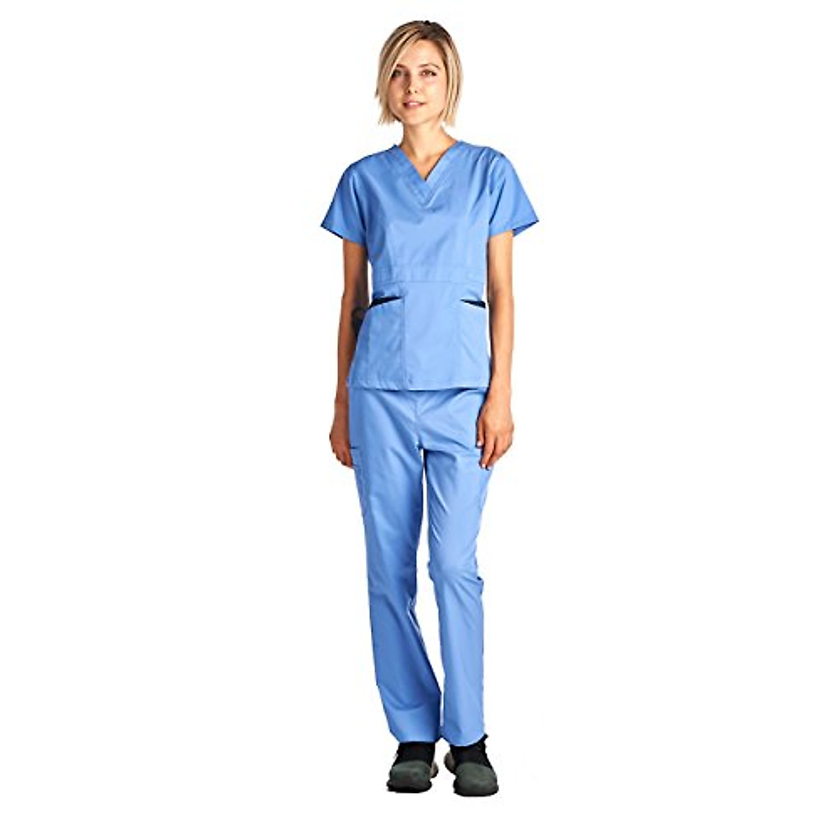 Medical Uniform Women's Scrubs Set Stretch Contrast Pocket Ceil Blue M