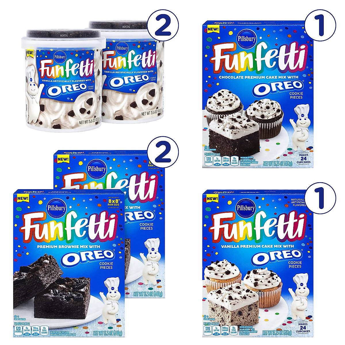 Pillsbury Funfetti Oreo Cake Mix, Brownie Mix, and Frosting Variety Pack, Pack of 6, Chocolate and Vanilla Cake Mix, Chocolate Brownie Mix, Vanilla Frosting