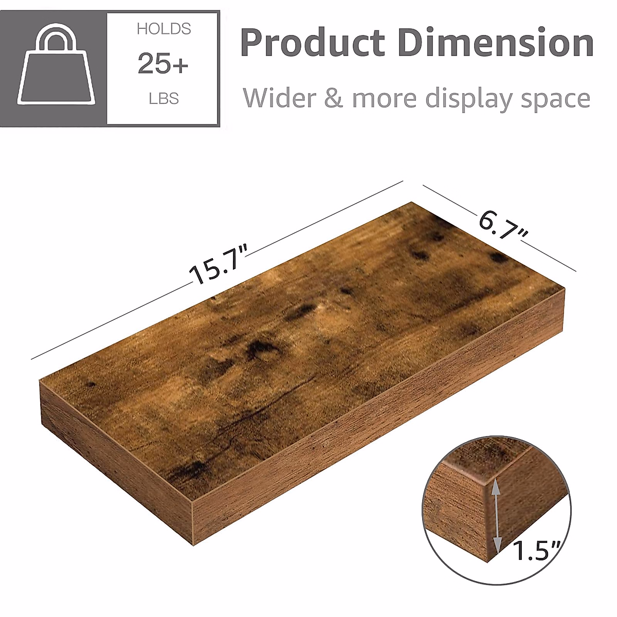 QEEIG Floating Shelves for Wall Bathroom Shelf Bedroom Kitchen Farmhouse Small Book Shelf 16 inch Set of 2, Rustic Brown (015-BN2)