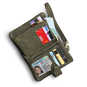 Ladies Wallet RFID Blocking Women Leather Wristlet, Army Green, Size Medium