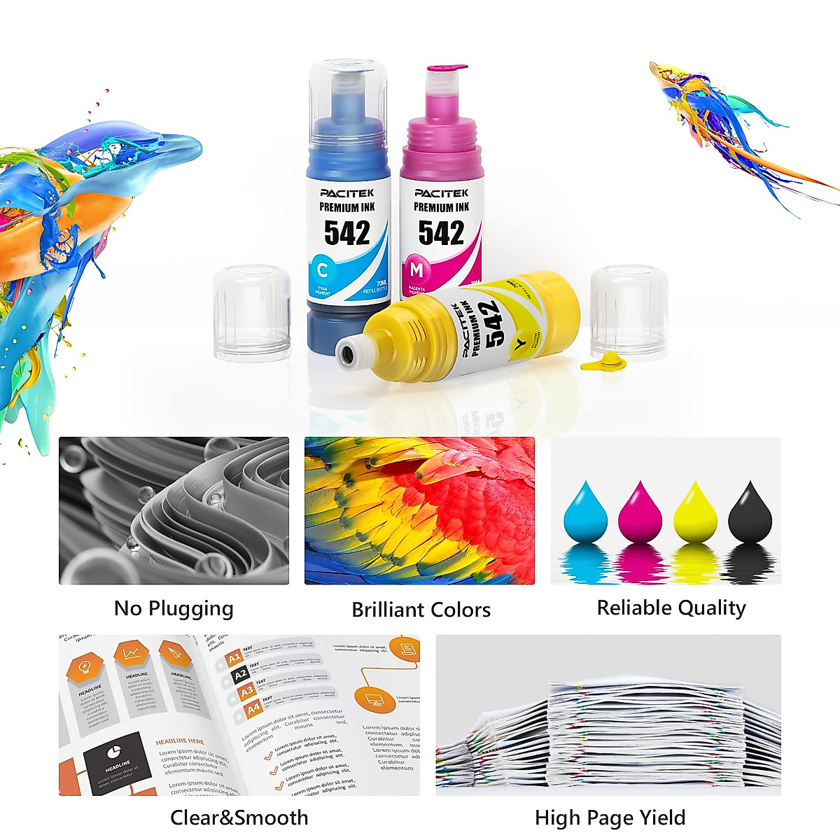 PACITEK 542 Pigment Ink Refill Ink Bottle Replacement for T542 Use with EcoTank ET-5800,ET-5850,ET-5880,ET-16600,ET-16650,ST-C8000 Printer(4 Pack)