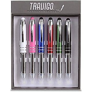 Travigo 6-Pack 3-in-1 Capacitive Stylus Tip Ballpoint Metal Pen with LED Light Set | Black Blue Red Green Pink White