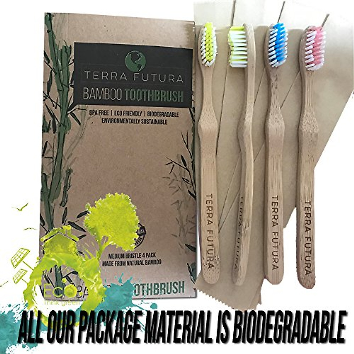 Terra Futura Bamboo Toothbrush 4 Pack, Ergonomic Toothbrush. Eco Friendly, Biodegradable & Environmentally Sustainable, BPA Free Bristles, Eco Compostable Toothbrush
