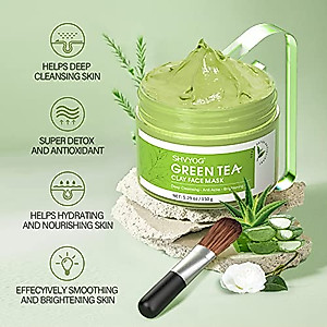 SHVYOG Green Tea Face Mask, Antioxidant Green Tea Clay Mask with Volcanic Mud, Deep Cleansing & Moisturizing & Hydrating Clay Facial Mask for Pores, Blackheads, Wrinkles, Dirts