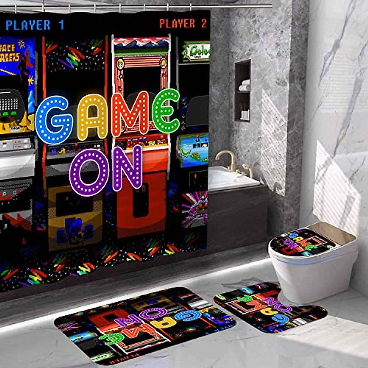 SDDSER Games Shower Curtain Set, 4PCS Play Game Kids Bathroom Shower Curtain Sets with 72 in Video Game Shower Curtain and Bath Mat, Toilet Lid Cover and U Shaped Rug, 12 Hooks, SETLSSD92