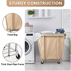 Rengue Laundry Cart with Wheels, 320 L Capacity Commercial Laundry Sorter Rolling Laundry Hamper with Waterproof Oxford Basket and Sturdy Steel Frame, 260 lbs Load, Beige