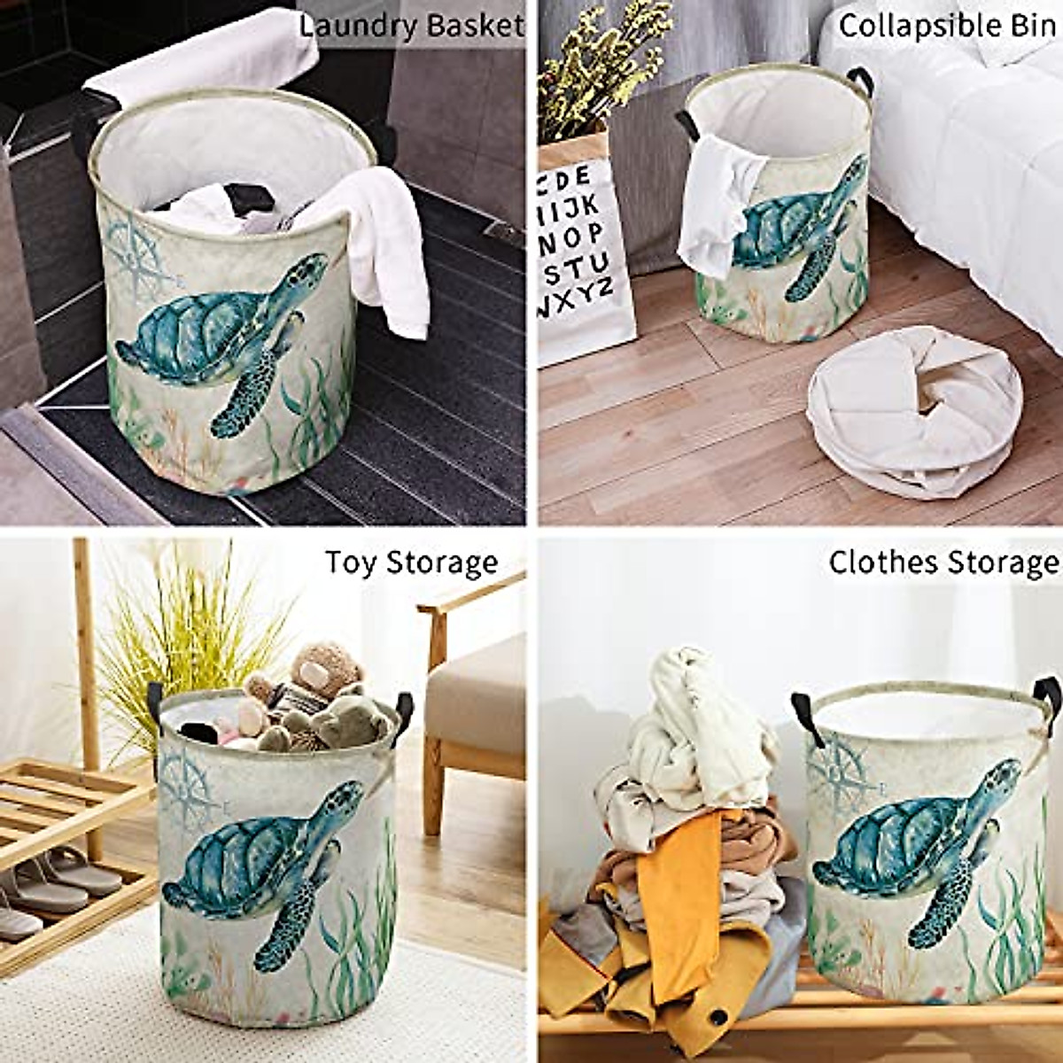 Marine Animals Freestanding Laundry Basket with Handles, Collapsible Waterproof Large Laundry Hamper for Baby Nursery Kids Room Dorm Storage, Ocean Theme Sea Turtle Starfish