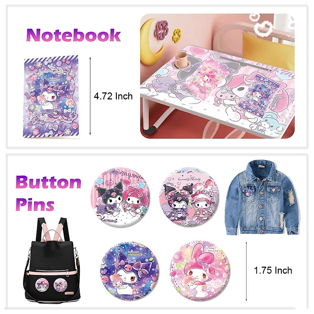 FETELAZ Cute Melody Kuromi Accessories School Supplies, Including Notebook Pencil Case Pens Stickers Button Pins Lanyard Keychain Ruler Bookmarks Phone Ring Holder