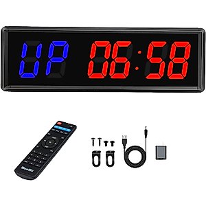 Seesii Gym Timer,LED Workout Colck Count Down/Up Clock,11.5" x 4" Ultra-Clear Digital Display, Power Bank Compatible with Workout Metal Stopwatch, Multi-Scenes with Remote (1.5 Inch Blue Red)