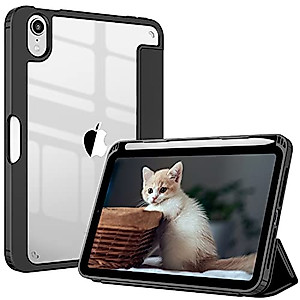 ZtotopCases iPad Mini 6 Case (8.3 Inch) 2021 with Pencil Holder, Transparent Clear Back Shell, Slim Lightweight TPU Trifold Stand Cover Auto Sleep/Wake for iPad Mini 6th Generation 8.3'', Black
