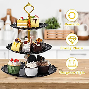 Potchen 9 Pcs Black Dessert Table Display Set Includes 6 Pcs Rectangle Cupcake Stand and 3 Pcs Round 3 Tiered Serving Tray Cake Gold
