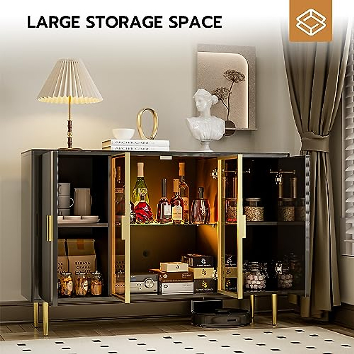 IKIFLY Modern Sideboard Buffet Cabinet with Storage, 47" Kitchen Storage Cabinets with Glass Doors and Shelves, LED Lights, Coffee Bar Cabinet for Dining Room, Kitchen, Hallway, Living Room, HU9156