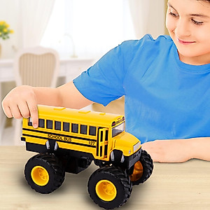 ArtCreativity 5 Inch Pull Back School Bus Toy Set - Set of 2 - Includes 5 Inch Monster-Wheel Bus, Diecast Bus Playset with Pull Back Mechanism, Great Gift Idea for Kids