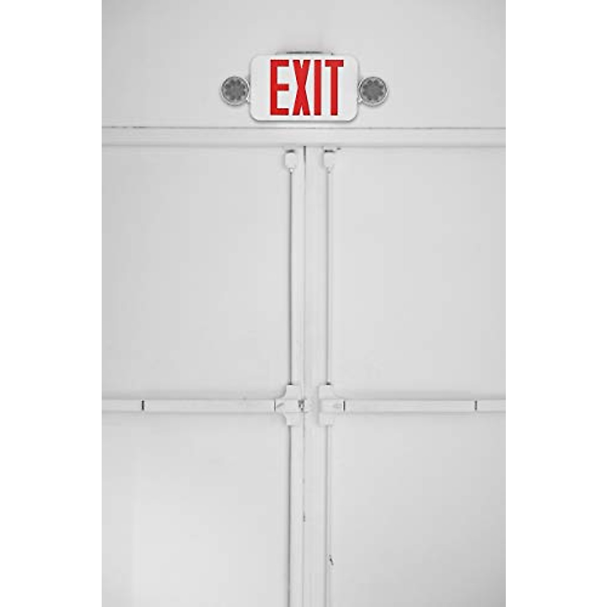 Hubbell Lighting CCRRC Emergency Exit Sign, Remote Compatible Combination Emergency Light and Exit Sign for Stair-Wells, Hallways, Offices, 2 Fully Adjustable LED Heads, White with Red EXIT Letters