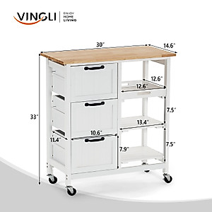 VINGLI Kitchen Island, Rolling Kitchen Storage Cart with 3 Drawers 3 Tier Holders Serving Bar Cart Coffee Bar Small Kitchen Microwave Trolley with Natural Solid Wood Top Caster Home Furniture