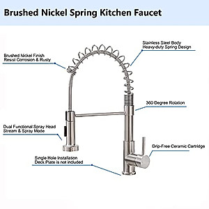 SHACO Commercial Brushed Nickel Kitchen Faucet with Pull Down Sprayer, Modern Stainless Steel Single Handle Spring Kitchen Faucets for Farmhouse Outdoor RV Camper Laundry Prep Wet Bar Sink 1 Hole