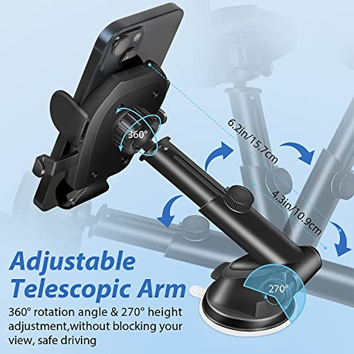 Sancore Dashboard Phone Mount for Car - Adjustable Arm Car Phone Holder Air Vent, Windshield 3 in 1 Cell Phone Mount Compatible with iPhone 14 13 12 Pro Max, Galaxy S20 S21 S22 Ultra