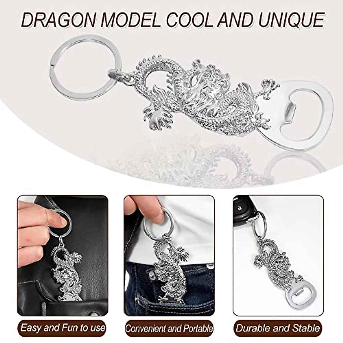 Keychain Beer Bottle Opener, Metal Dragon Shape Opener with Key Ring Chains Easy to Carry, Creative Gift APAPKPAR (silver)