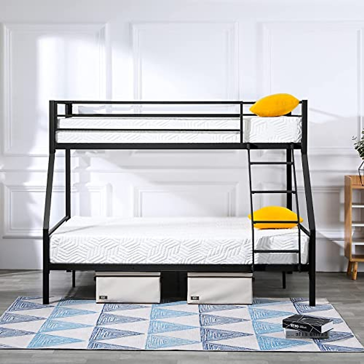 Bonnlo Twin Over Full Bunk Bed, Bunk Beds for Kids/Adults/Teens Bunk Bed with Stairs & Flat Rungs, Heavy Duty Metal Slat, No Box Spring Needed, Black