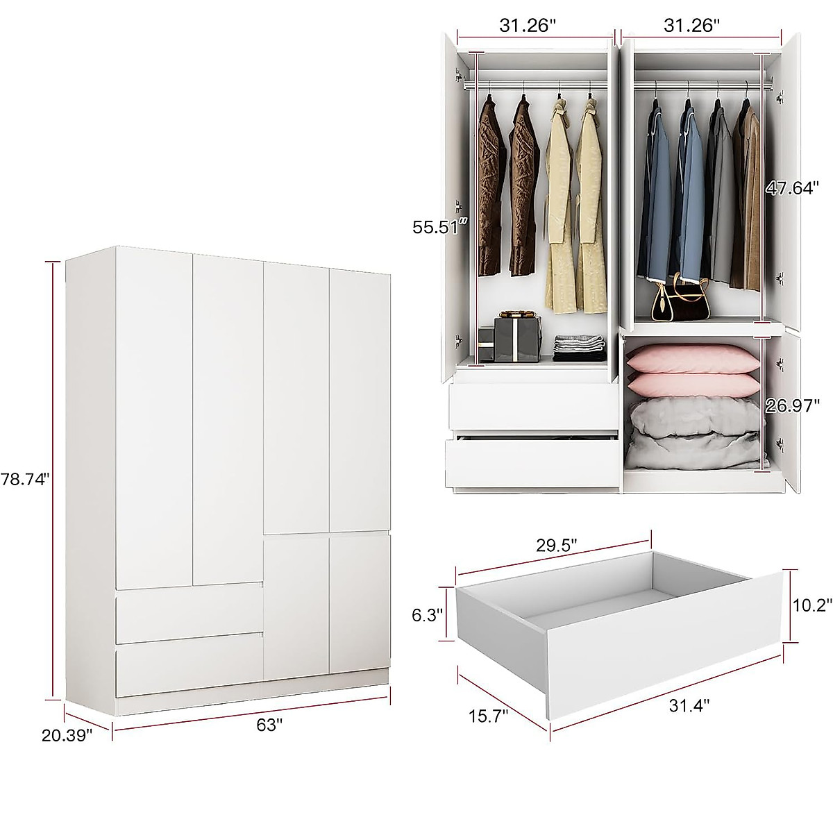 Jiaoun 78.74" 4-Door Armoire Wardrobe Closet, with Drawers and Shelves,Armoires and Wardrobes with Hanging Rod, Wooden Wardrobe Closet（White） 63" L x 20.39" W x 78.74" H