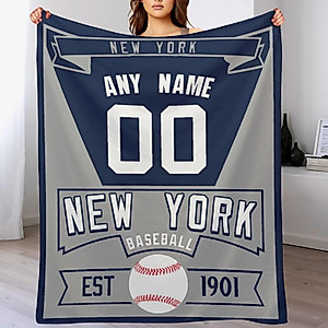 Custom Baseball City Throw Blanket New York Personalized Name Number for Men Women Youth Kids Oversized Soft Flannel Blanket Decorative for Bedroom Living Room