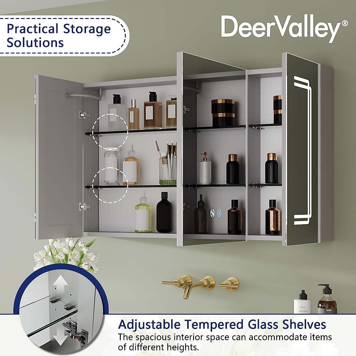 Deer Valley DV-1VM0238 Medicine Cabinets for Bathroom with Mirror, 39.97"x 23.62" Wall Mounted LED Medicine Cabinet Organizer with Defogger, Dimmer, Bluetooth Speaker, Three Doors